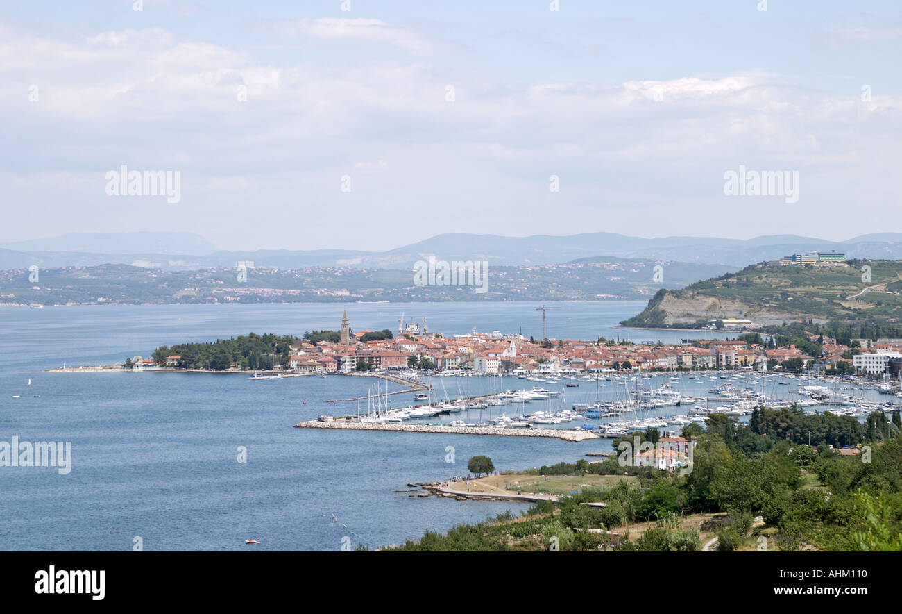 Panoramic view of the tourist village and harbour of Portoroz Portorose ...