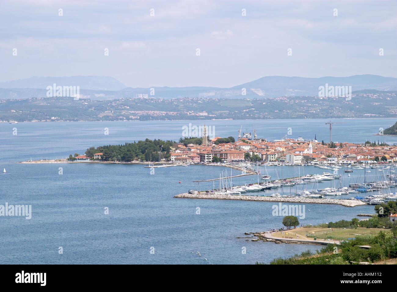 Panoramic view of the tourist village and harbor of Portoroz Portorose ...