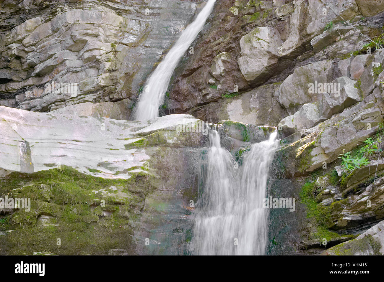 Double waterfall and rocks Perino river Valtrebbia Italy Stock Photo ...