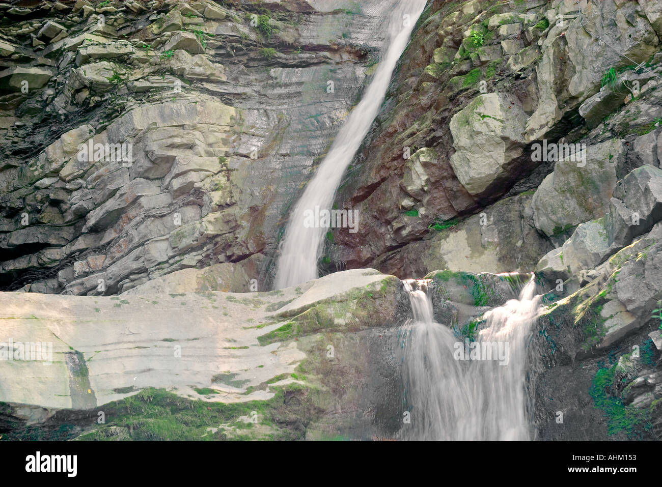 Double waterfall and rocks Perino river Valtrebbia Italy Stock Photo ...