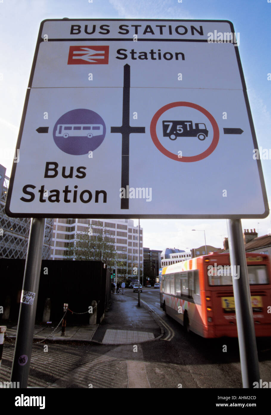 Rail and Bus Station Sign with bus passing Swindon Wiltshire England 01 ...