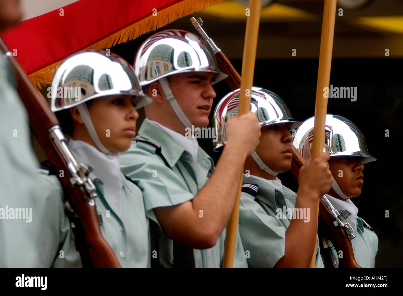 Military cadets march in parade with flags Stock Photo - Alamy