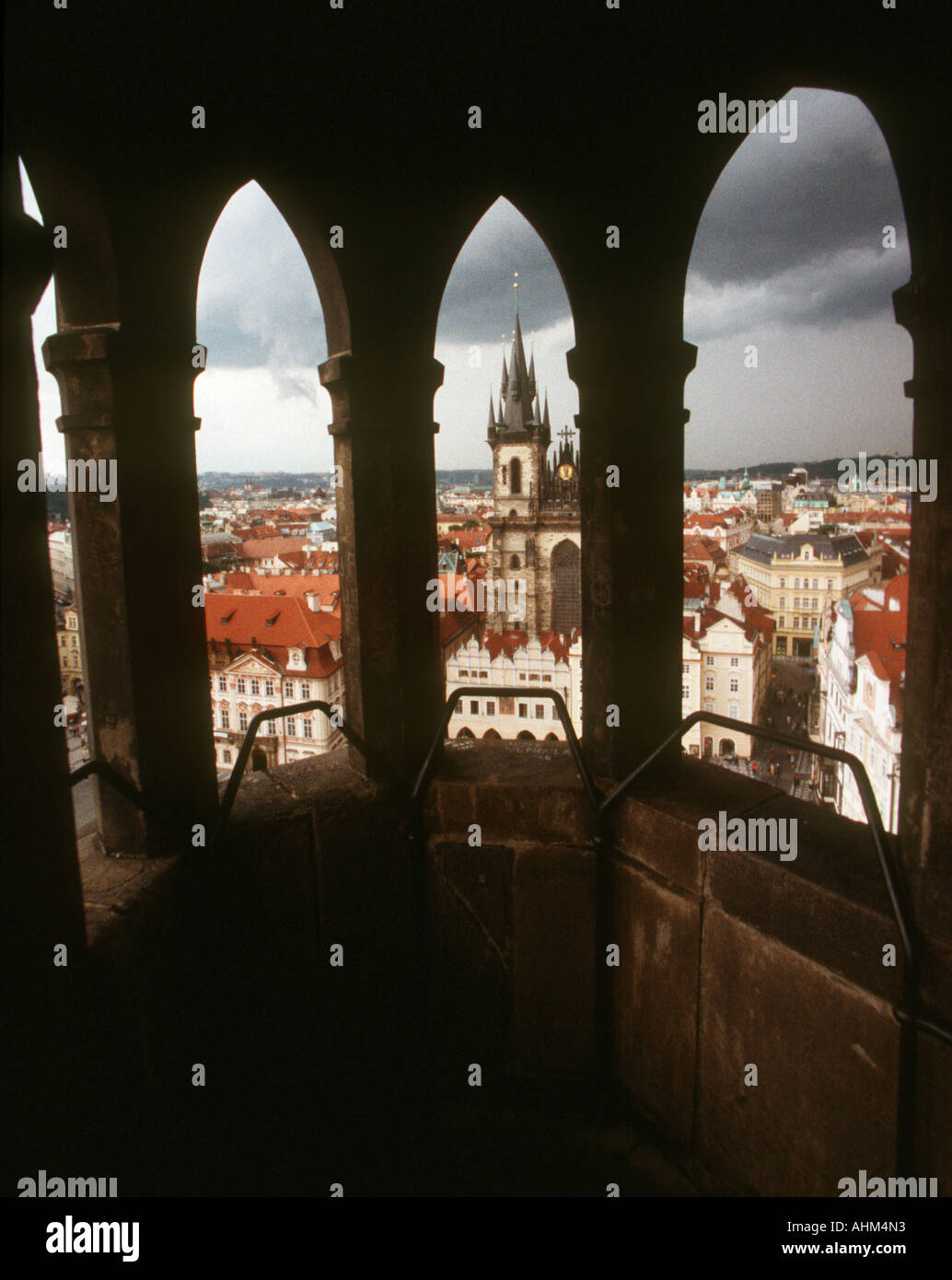 Prague seen through the silhouetted windows of the astronomical tower ...