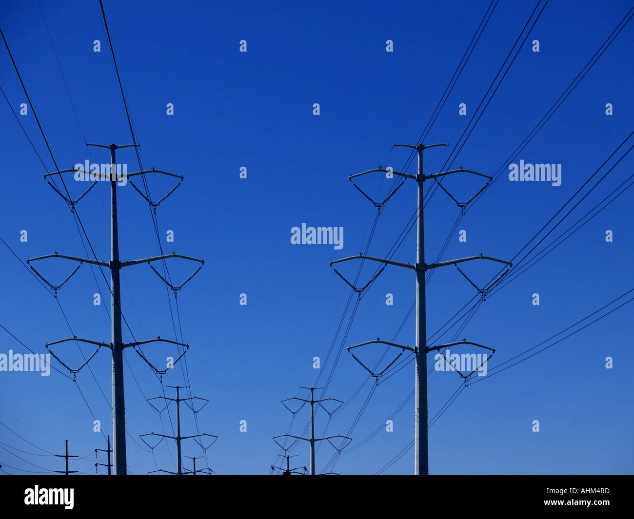 Large power line towers carrying power mains stretching across a deep ...