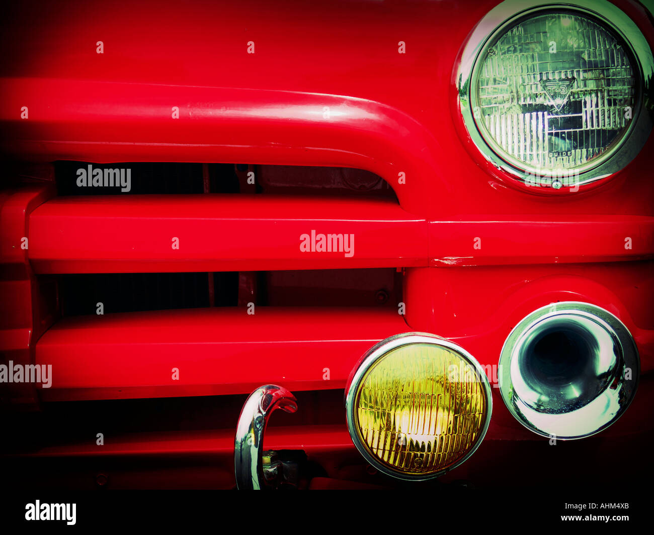 Front grille of vintage fire engine with vignetting and cross developed ...