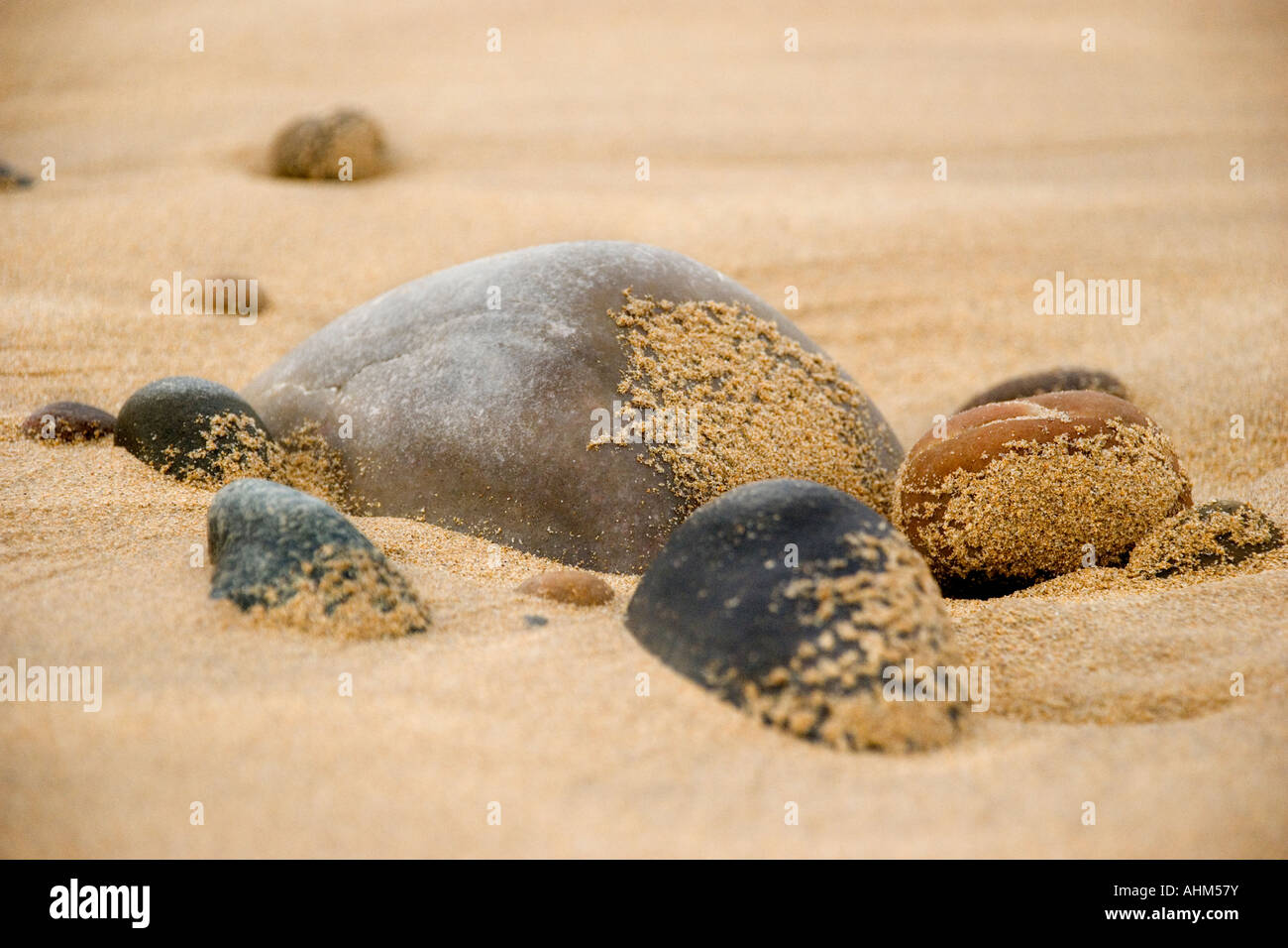 Close up of stones on a beach with particles of sand visible on the ...