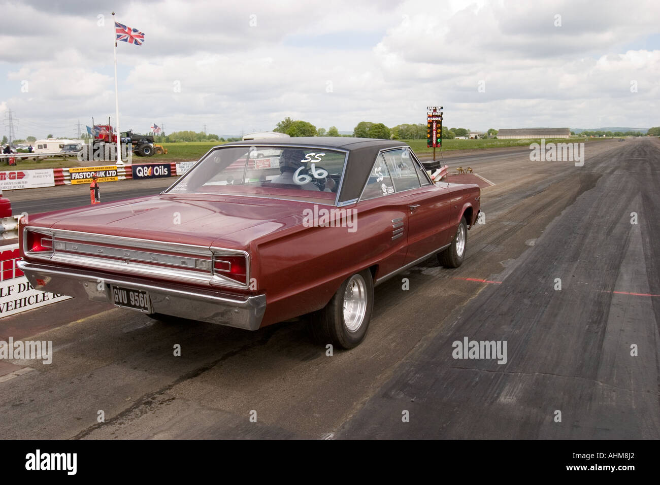 Heavily modified American muscle car on start line at drag race Stock ...