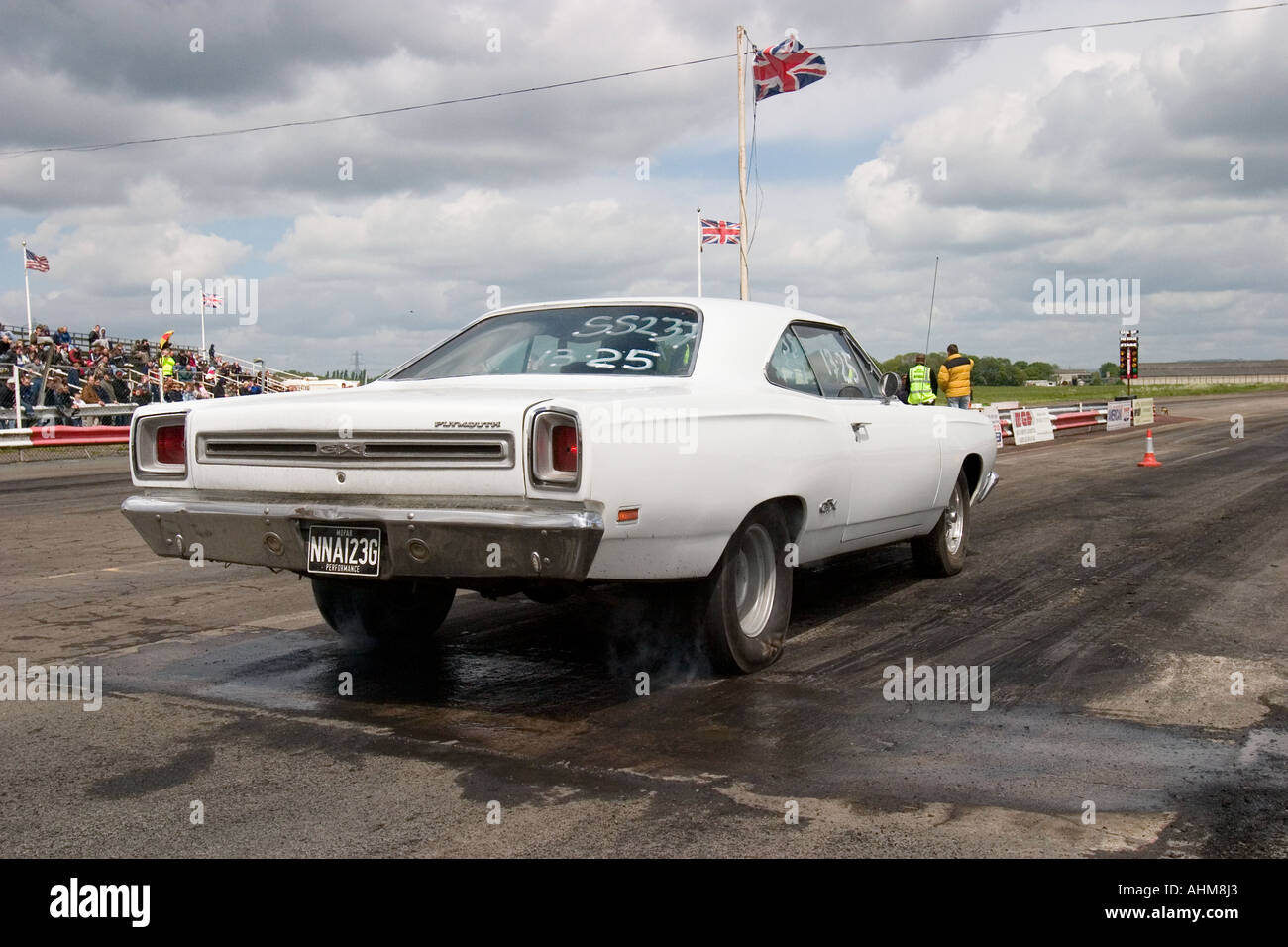 Heavily modified American muscle car on start line at drag race Stock ...
