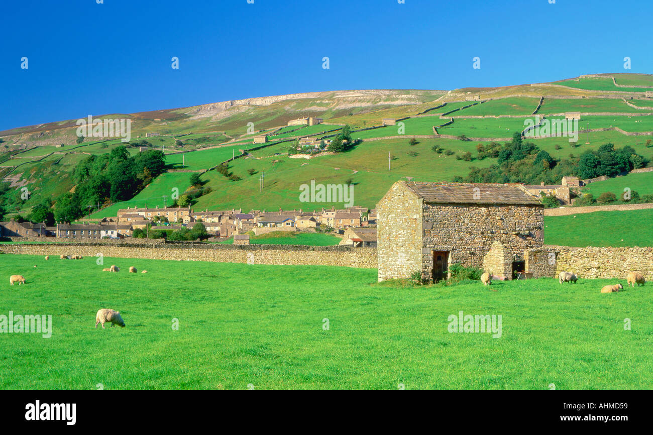 A view in the Yorkshire dales from below Gunnerside showing green ...
