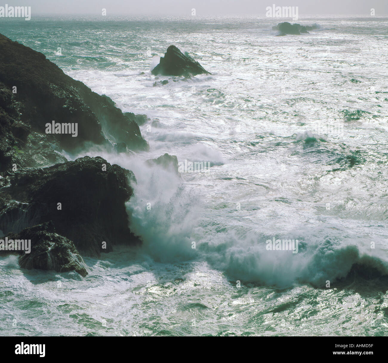 North Cornwall seashore near Constantine in strong onshore wind showing ...