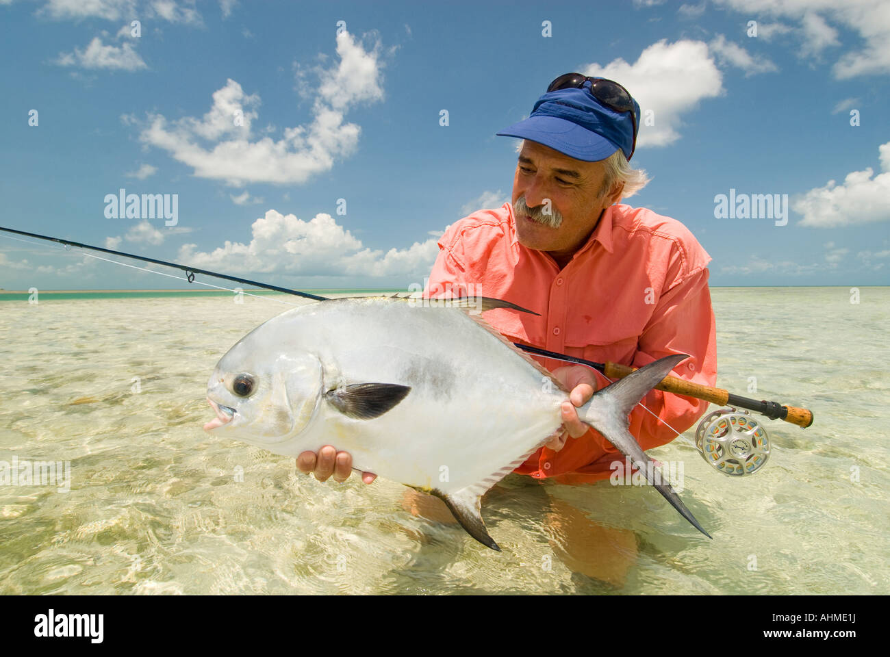 Florida Keys Mature fly fisherman landing and releasing a large Permit ...