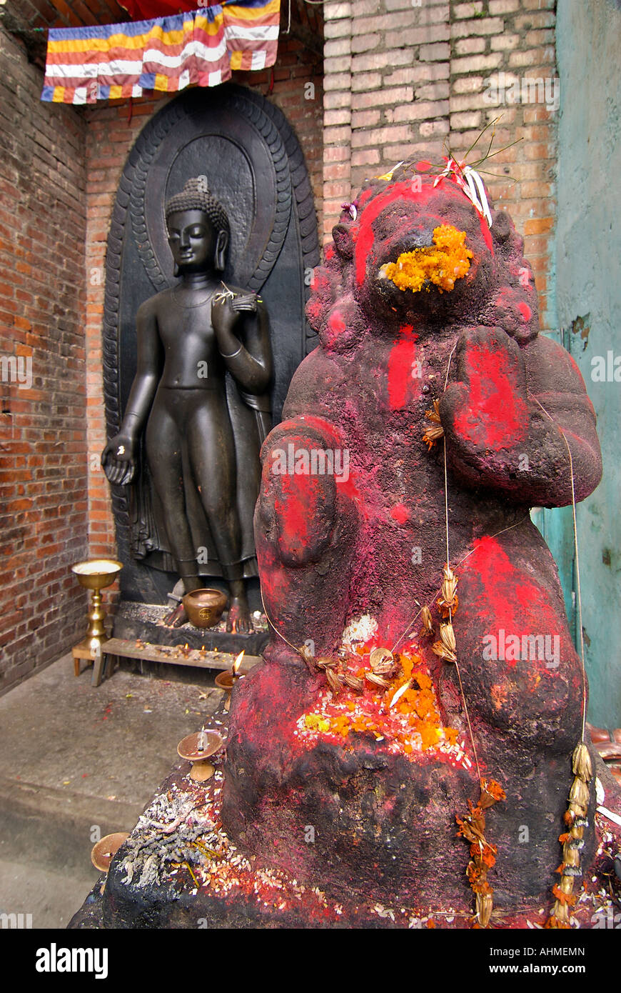 Religious stone carvings of at Swayambhunath temple Kathmandu Nepal ...