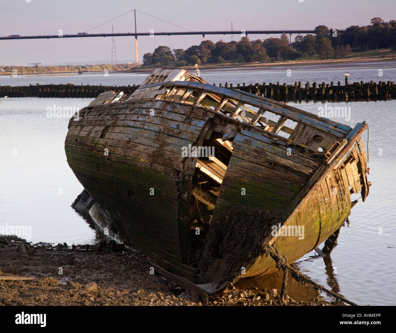 An old decaying timber boat at Bowling harbour on the river Clyde ...
