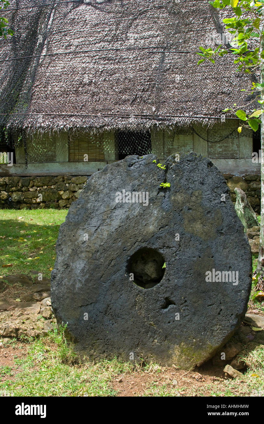 Traditional Stone Money or Rai in front of Faluw or Community House Yap ...