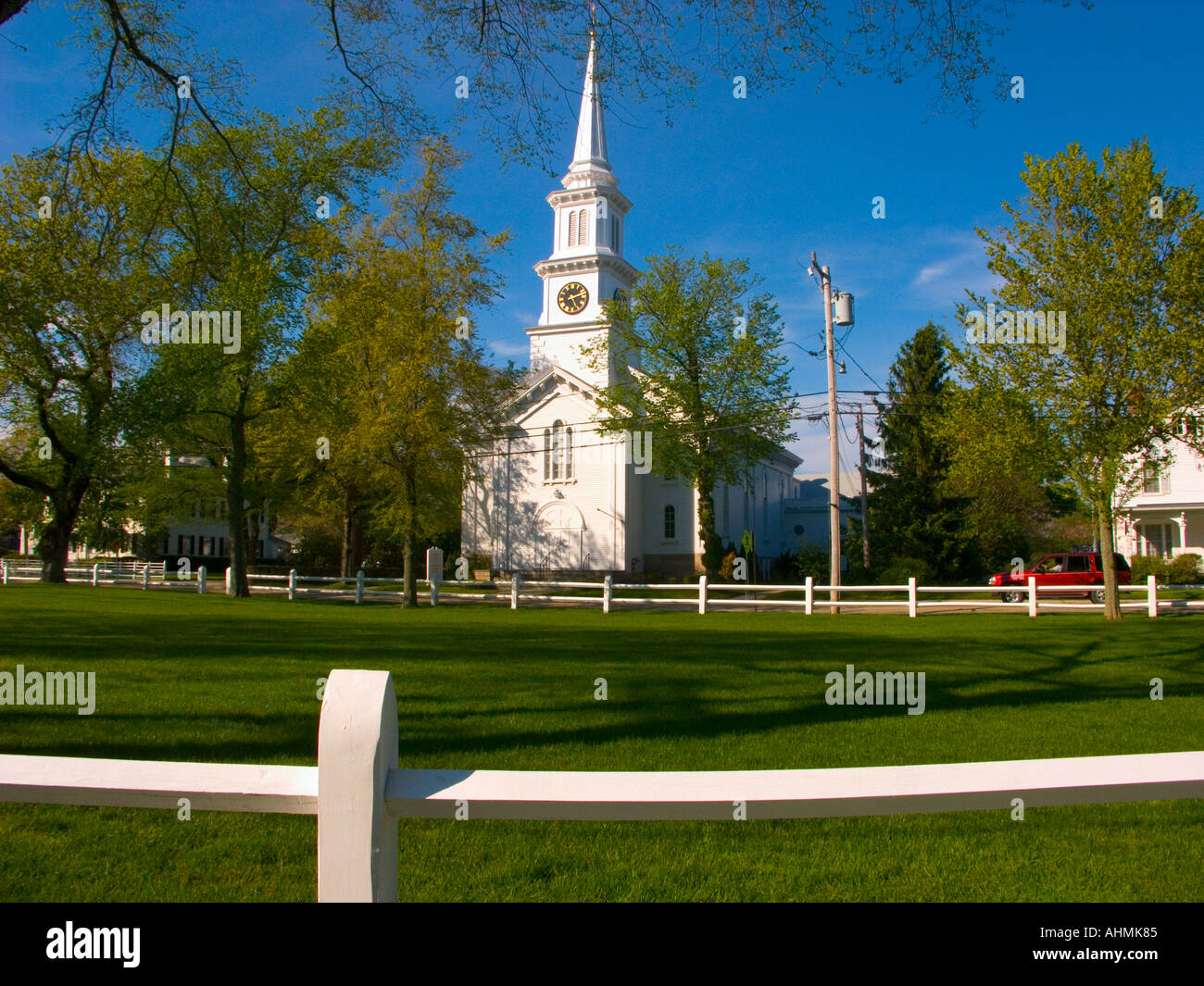 White church and village green on Cape Cod Massachussetts Stock Photo ...