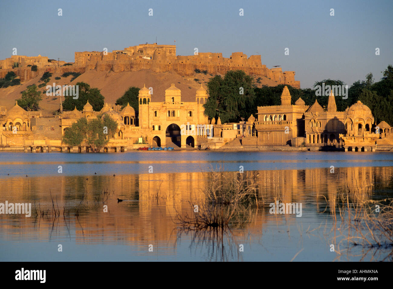 India Rajasthan Jaisalmer general view Fort Gadi Sagar Lake Hindu ...