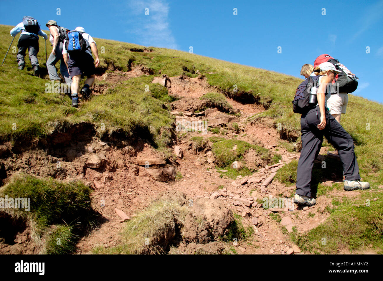 Guided walking group ascending eroded footpath to Fan Fawr at Storey ...