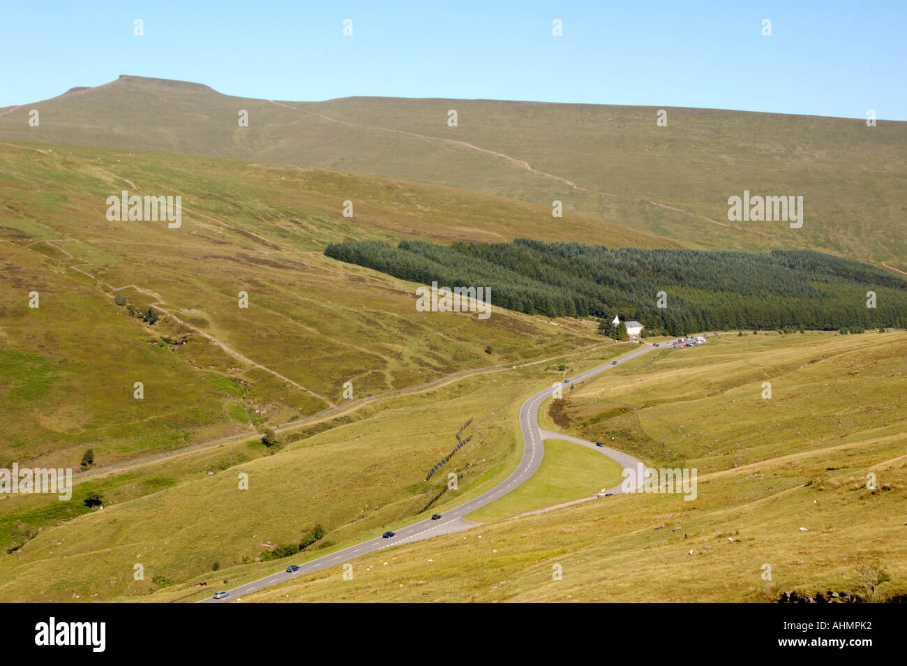 View over Storey Arms, Pen Y Fan and A470 road in the Brecon Beacons ...