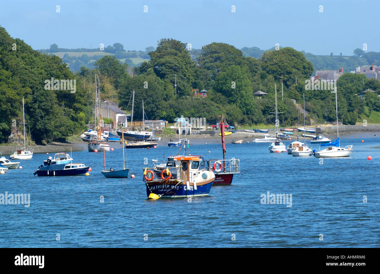 Boats moored in the River Teifi estuary at St Dogmaels Pembrokeshire ...