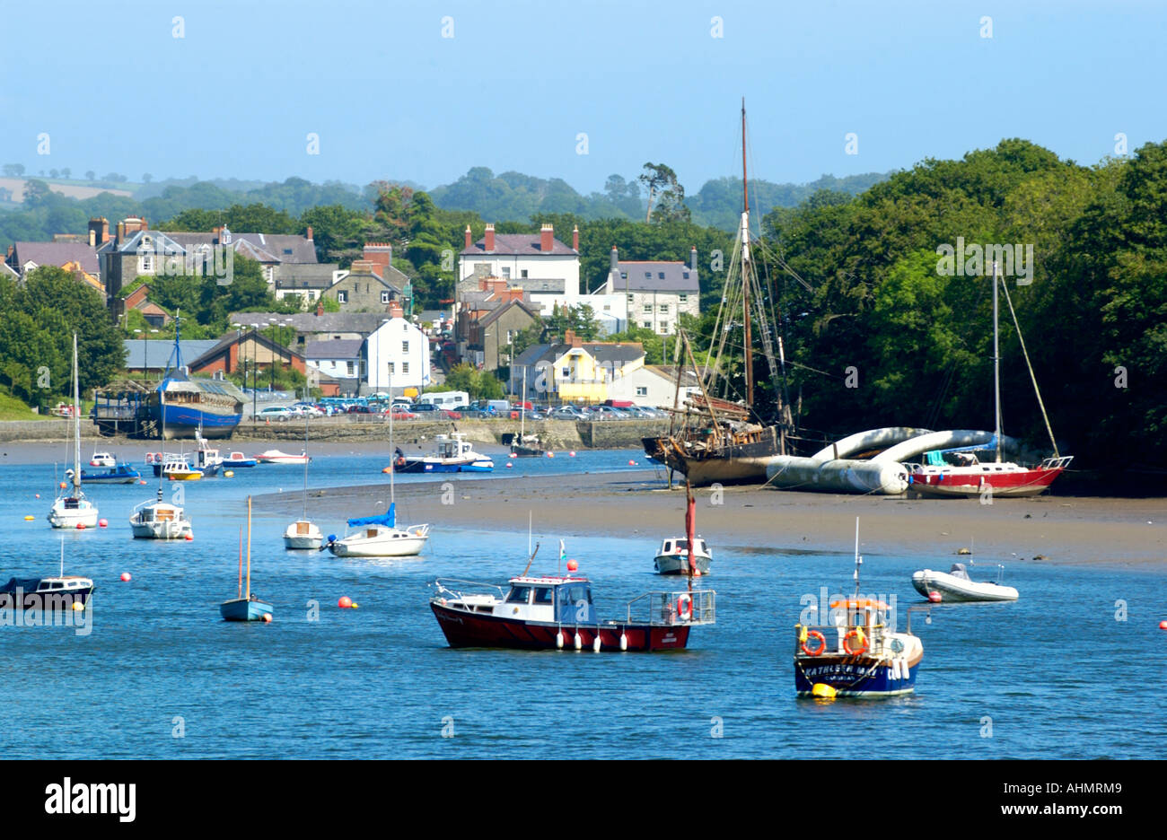 Boats moored in the River Teifi estuary at St Dogmaels Pembrokeshire ...