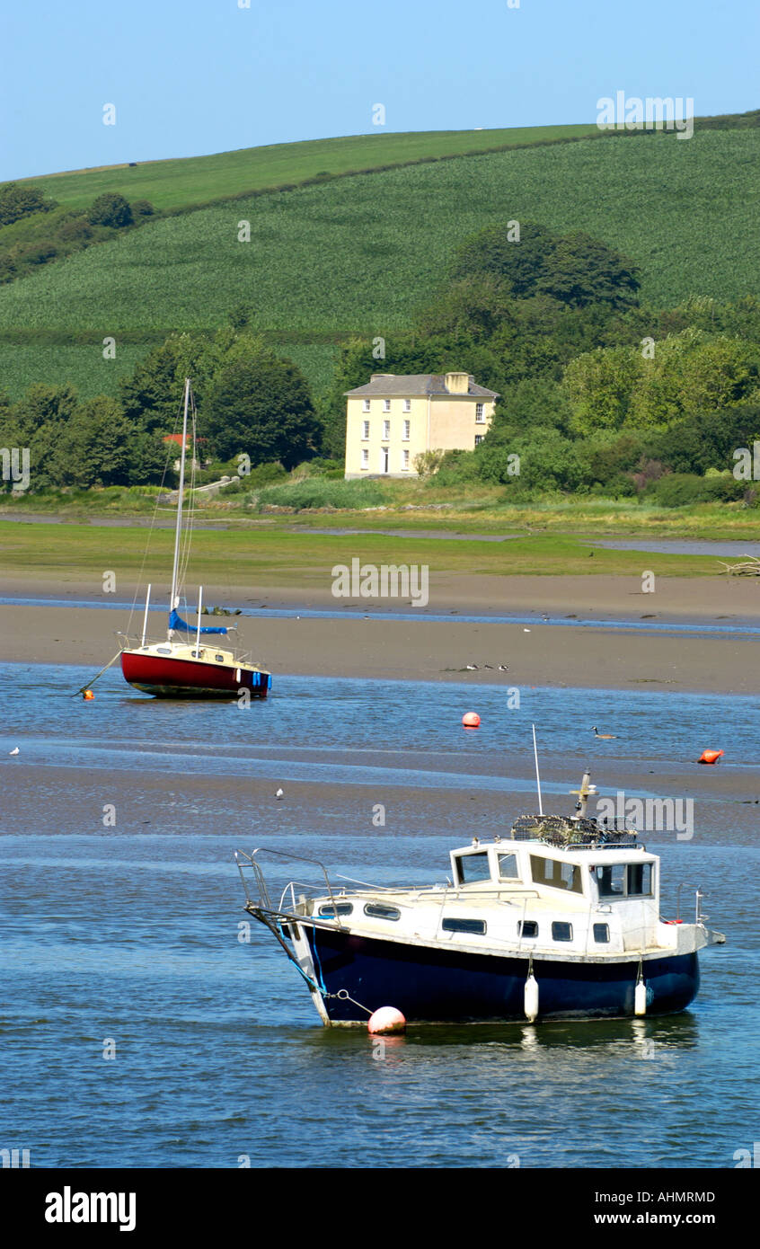 Boats moored in the River Teifi estuary at St Dogmaels Pembrokeshire ...