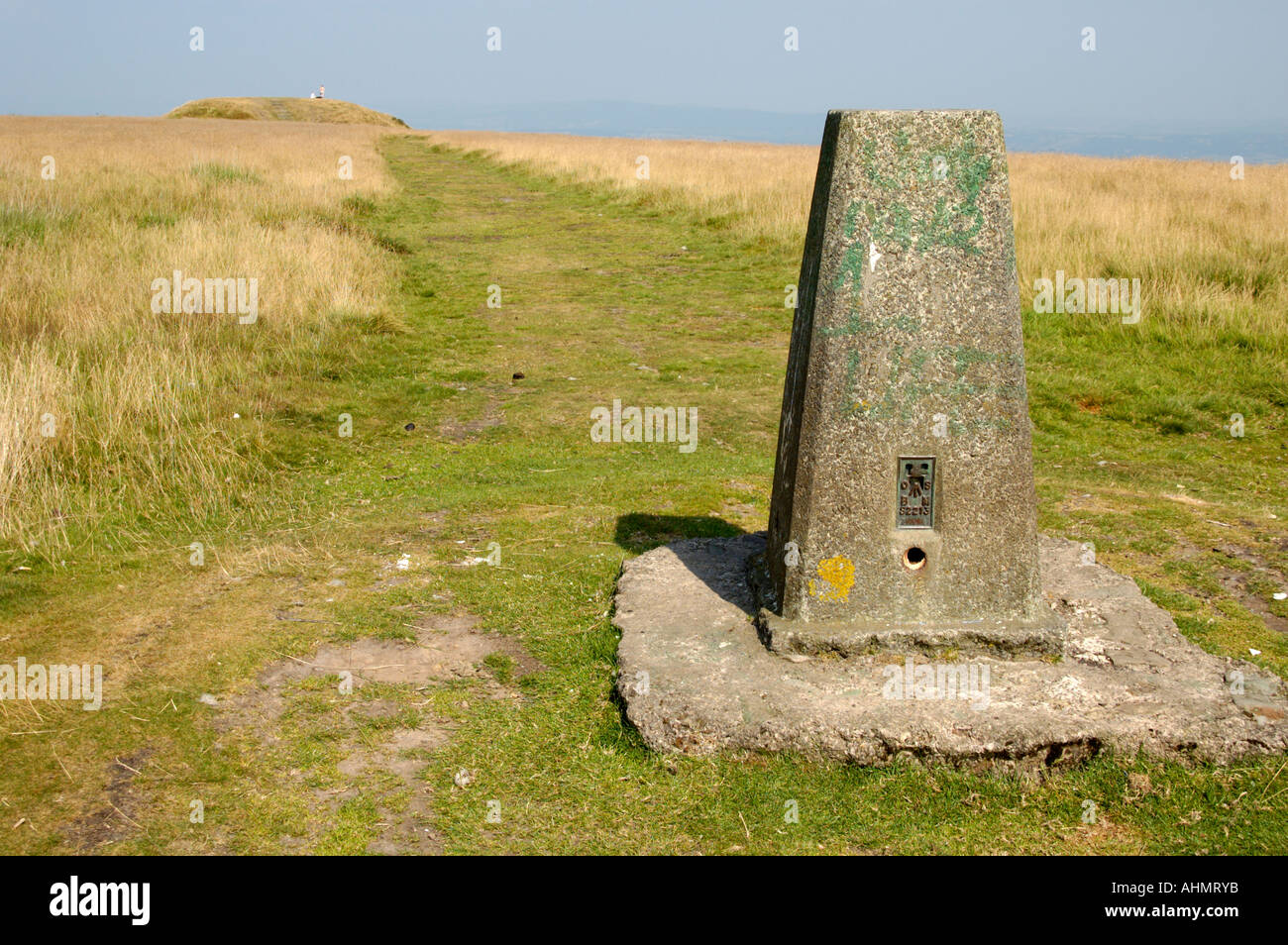 Trig point on the iron age Twmbarlwm Hill Fort South East Wales UK GB ...