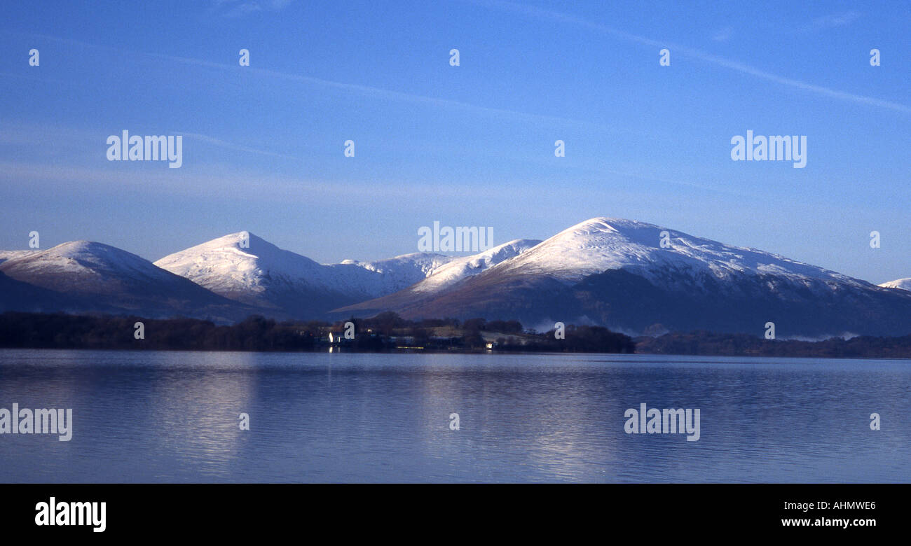 Frosty winter evening looking across Loch Lomond towards Luss and snow ...