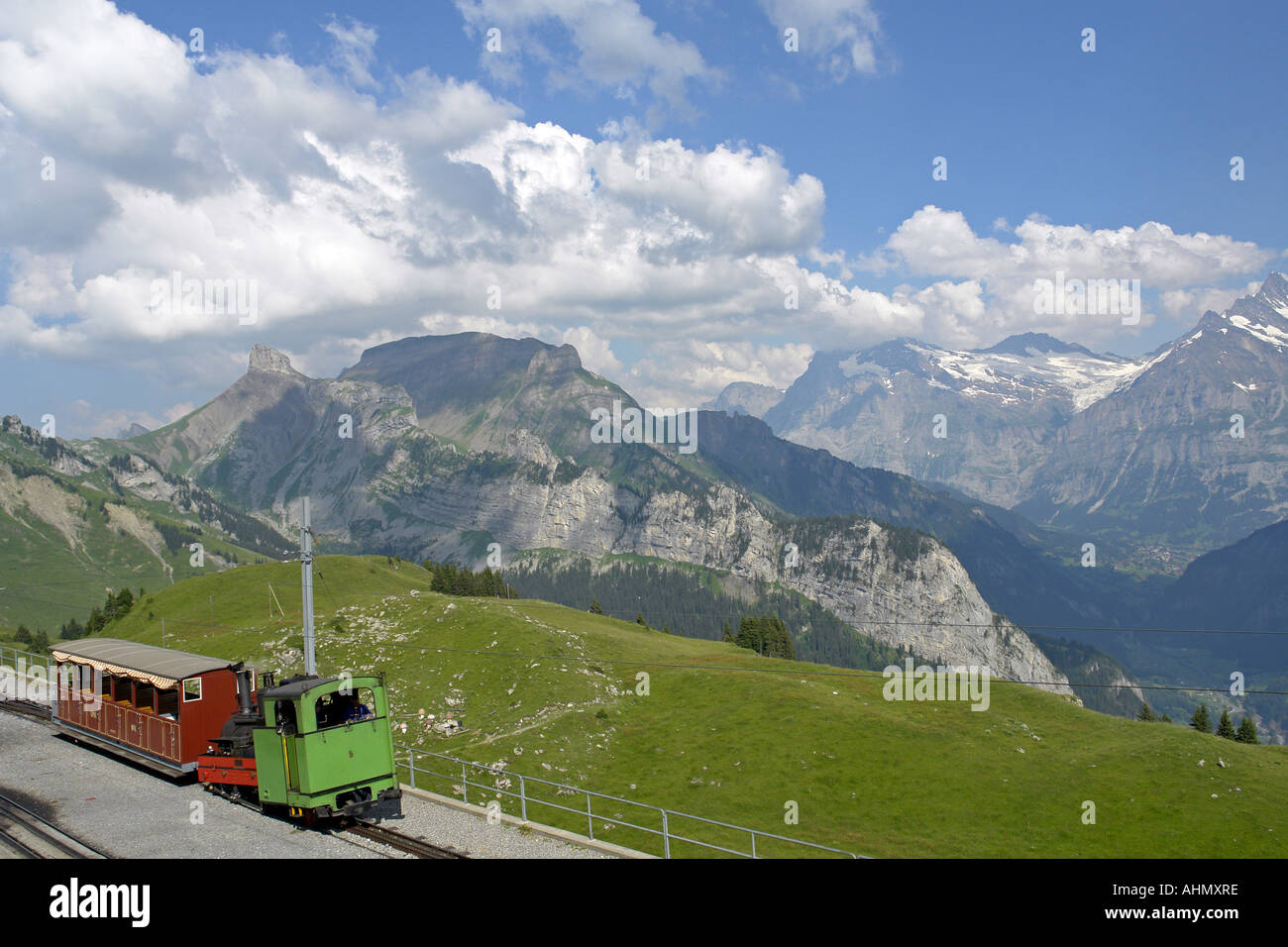 Special old steam engine with coach parked at Schynige Platte top ...