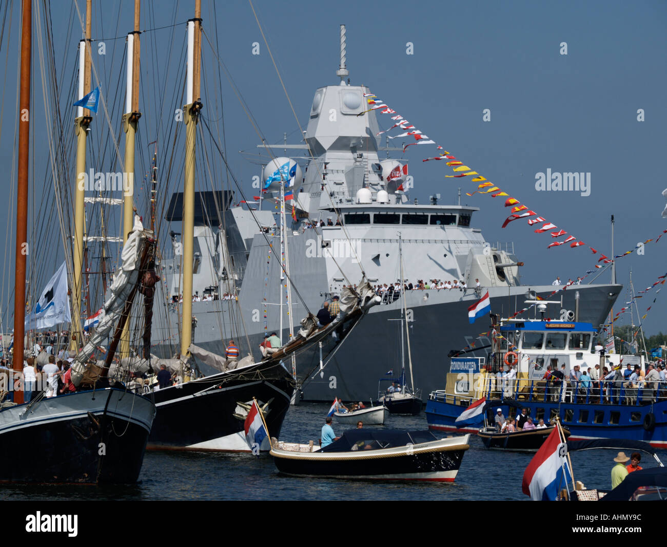 Frigate HMS De Ruyter of the Royal Dutch Navy at the Sail Amsterdam 2005 tall ship event the ...