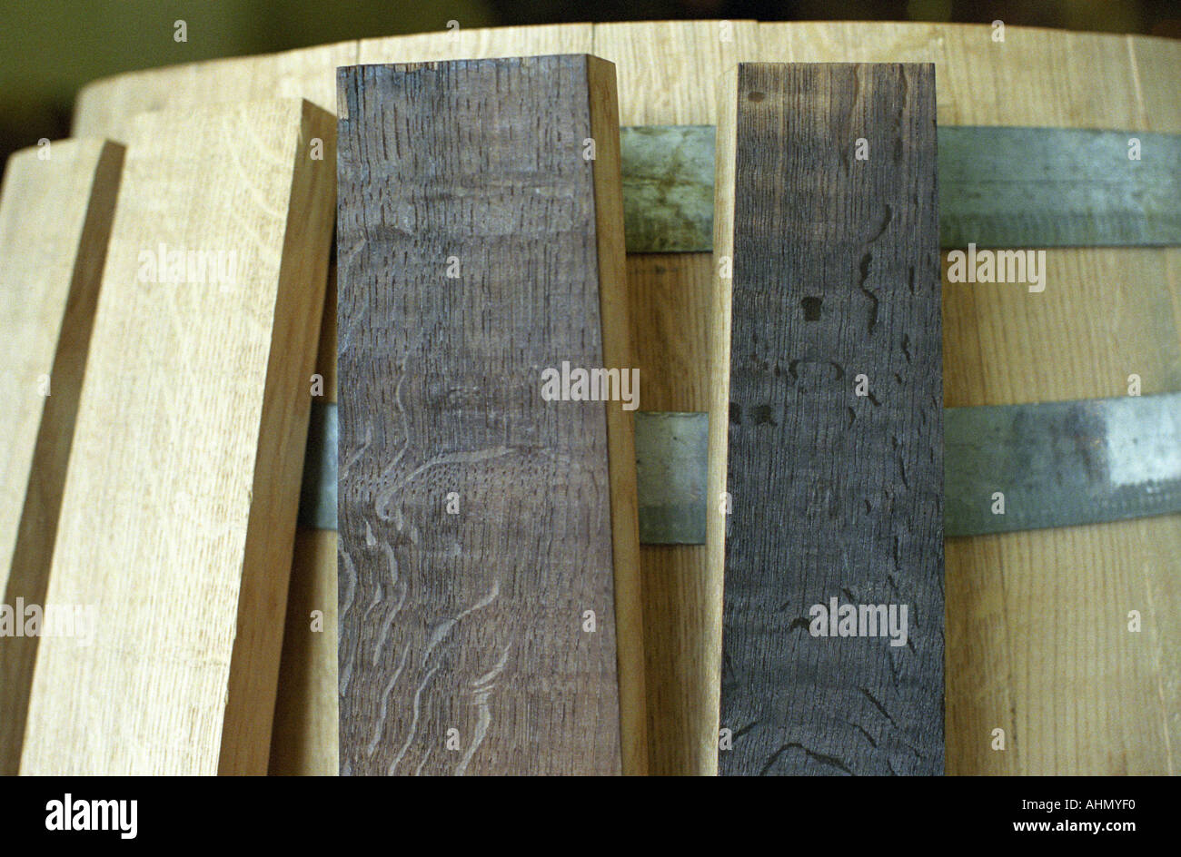Three staves that will be used for a barrel that show the different ...