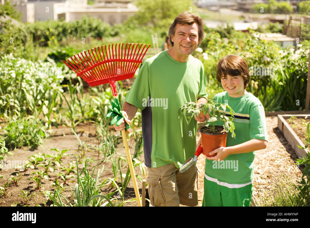 Father and son in vegetable garden Stock Photo - Alamy