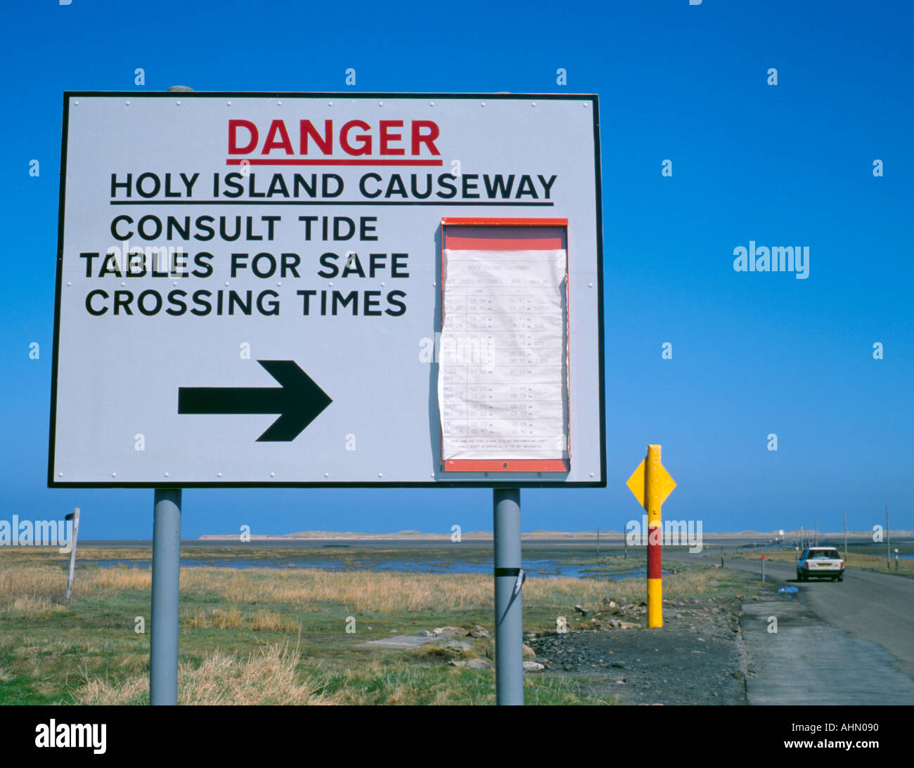 Tide timetables at the road causeway to Holy Island (Lindisfarne ...