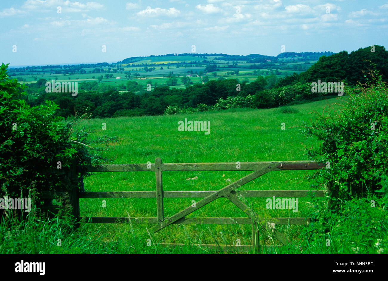 Gateway into field and rolling Warwickshire countryside England Stock ...