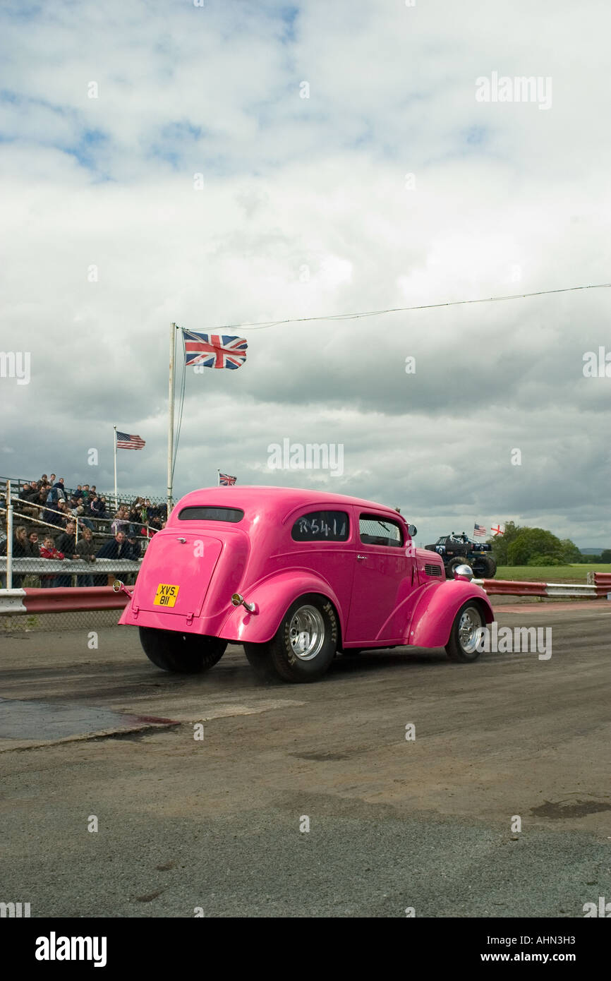 Shocking pink Ford Popular dragster at 'York Raceway' North Yorkshire ...