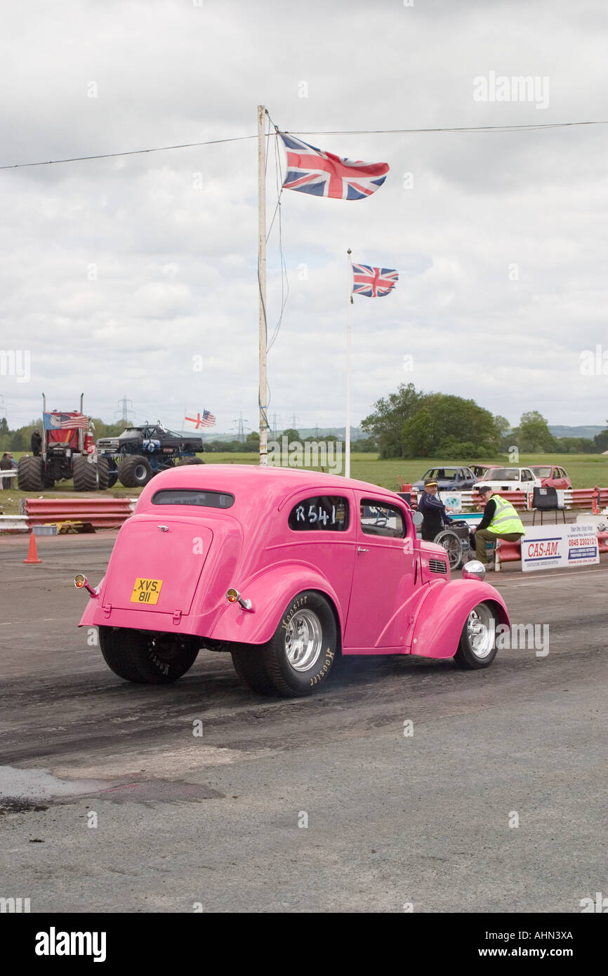Shocking pink Ford Popular dragster at "York Raceway" North Yorkshire ...