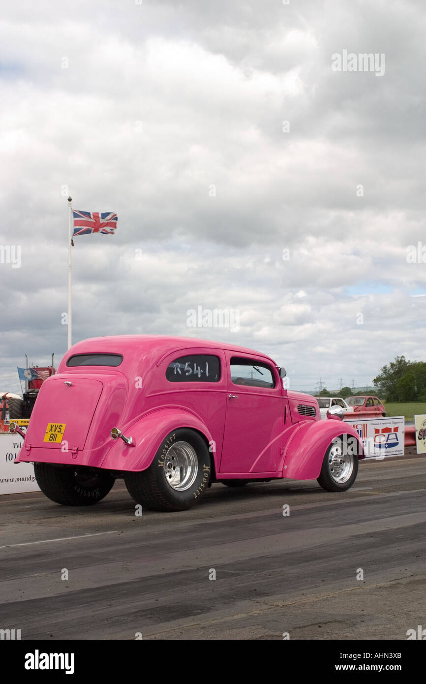 Shocking pink Ford Popular dragster at 'York Raceway' North Yorkshire ...