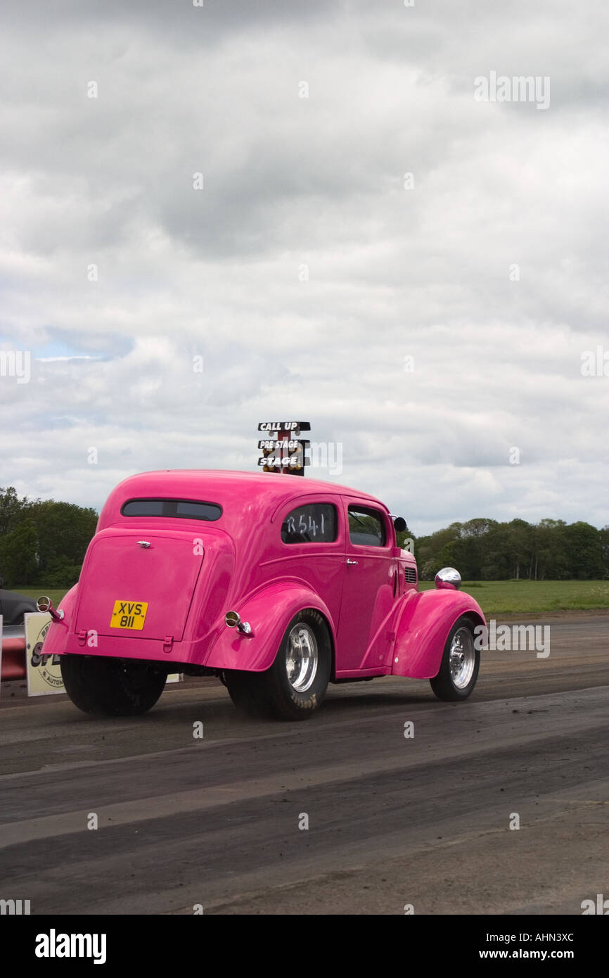 Shocking pink Ford Popular dragster at 'York Raceway' North Yorkshire ...