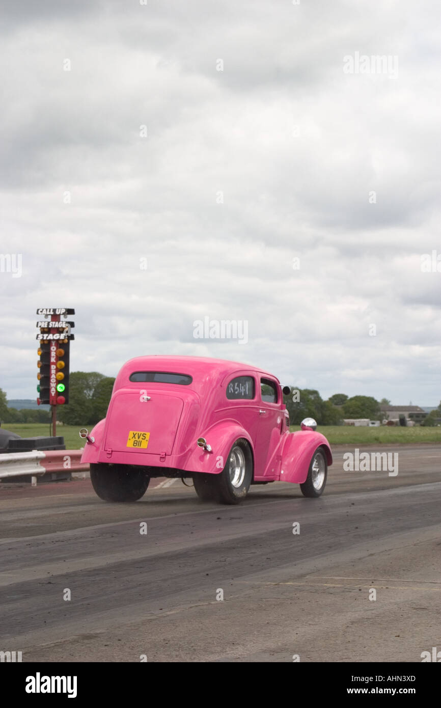 Shocking pink Ford Popular dragster at 'York Raceway' North Yorkshire ...