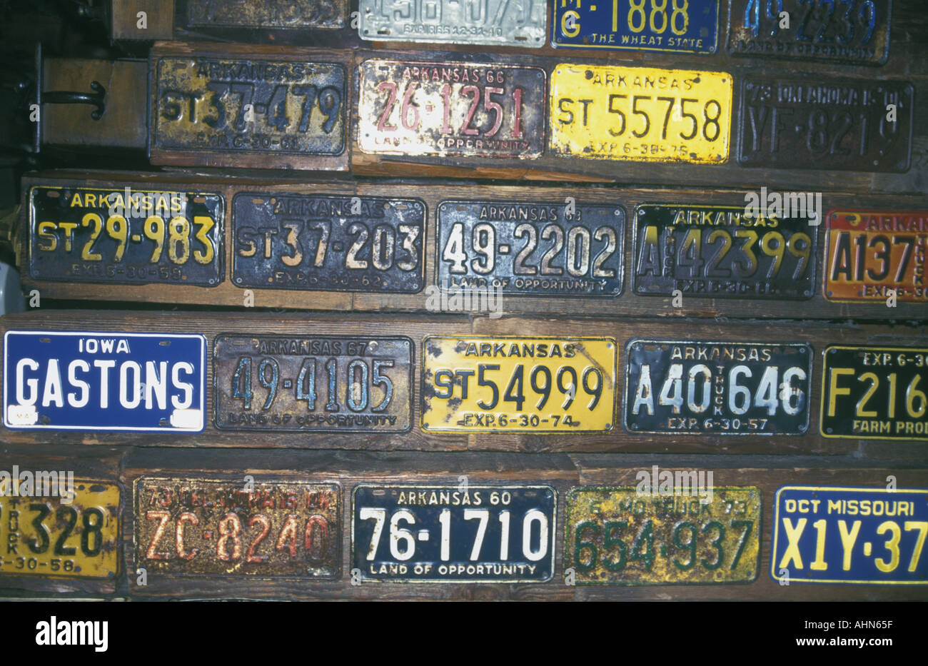 Old state number plates used for display at a restaurant in Arkansas ...