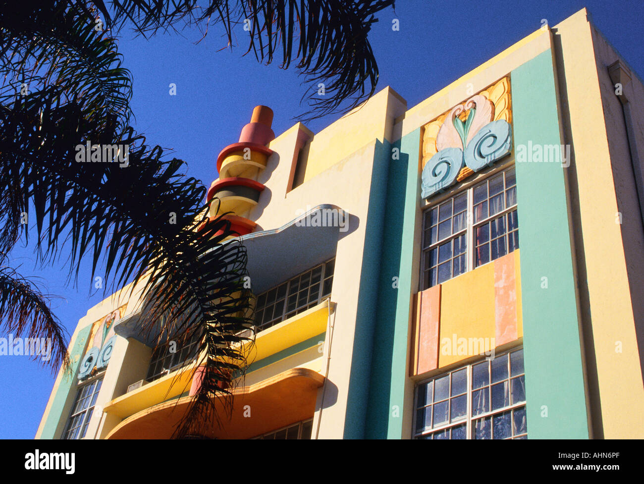 Art Deco, Florida, colorful painted facade of 1930's Historic building ...