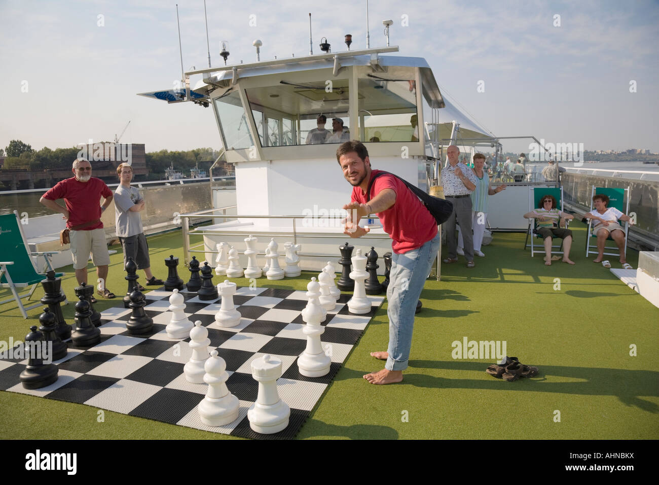 Passengers of a Danube cruise playing chess on deck of the "MS Amadeus ...