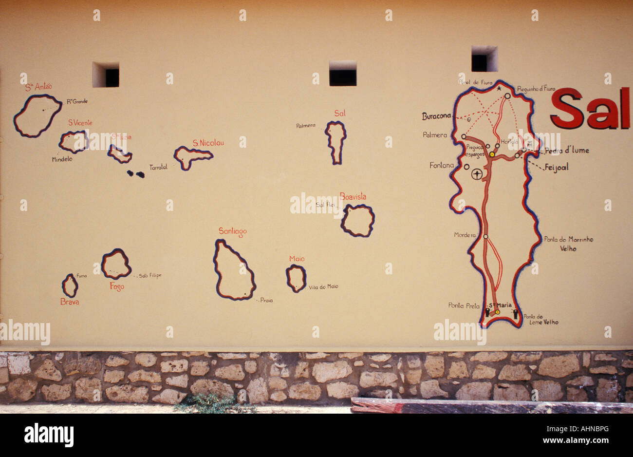 Sal Island and Cape Verde Islands map painted on building wall, Sta ...