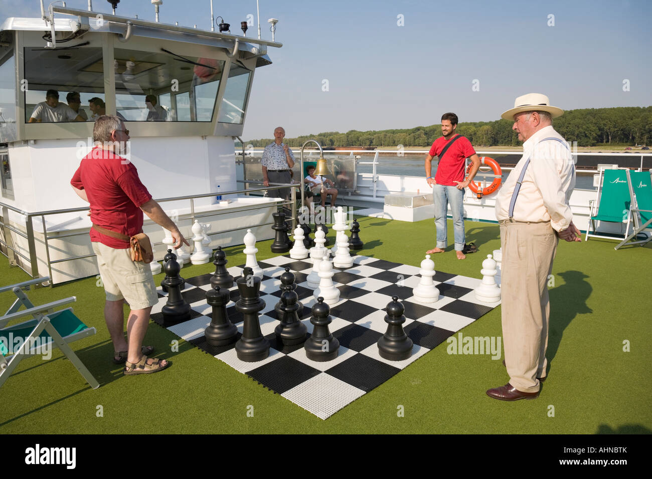 Passengers of a Danube cruise playing chess on deck of the "MS Amadeus ...