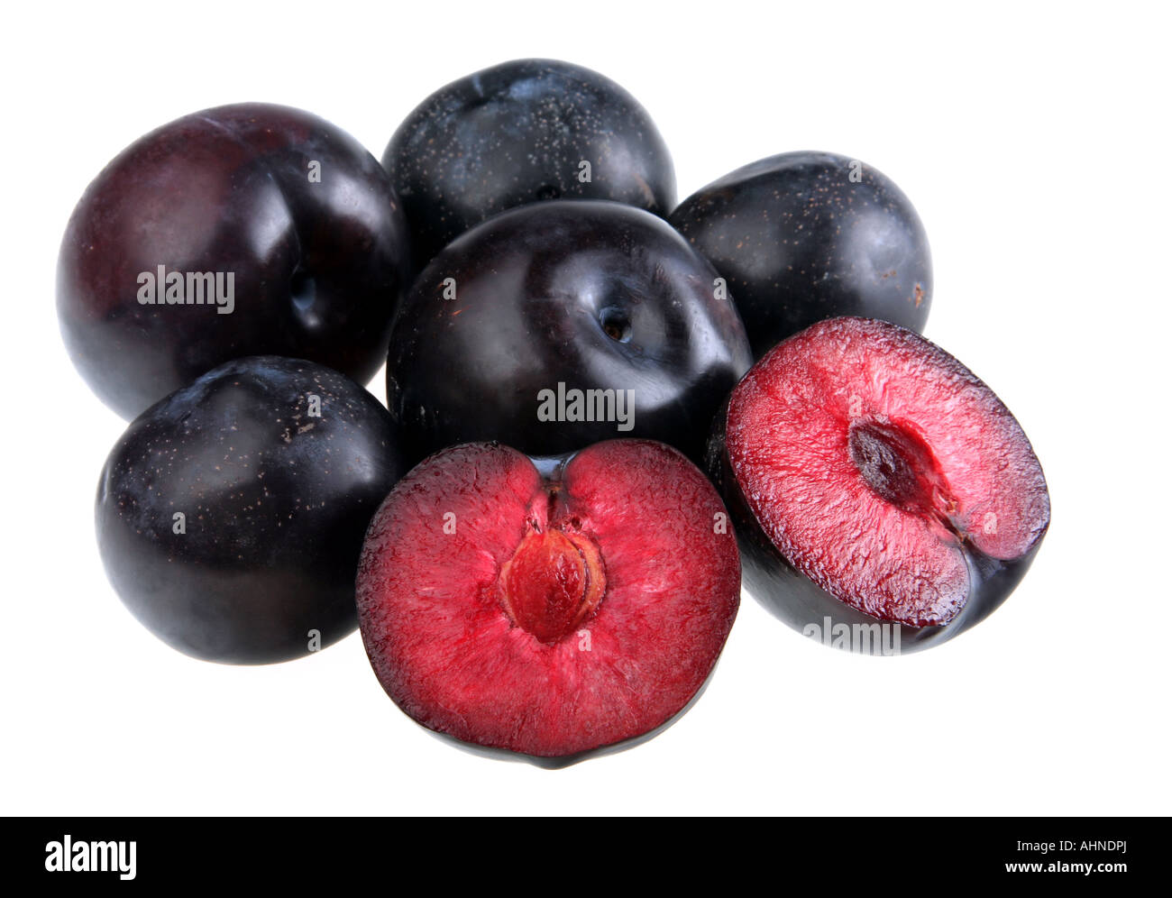 Detail red plum with plum on white background Stock Photo - Alamy