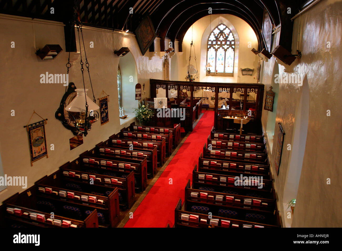 Wales Gwynedd Llanbedrog St Petrocs Church interior from the balcony ...