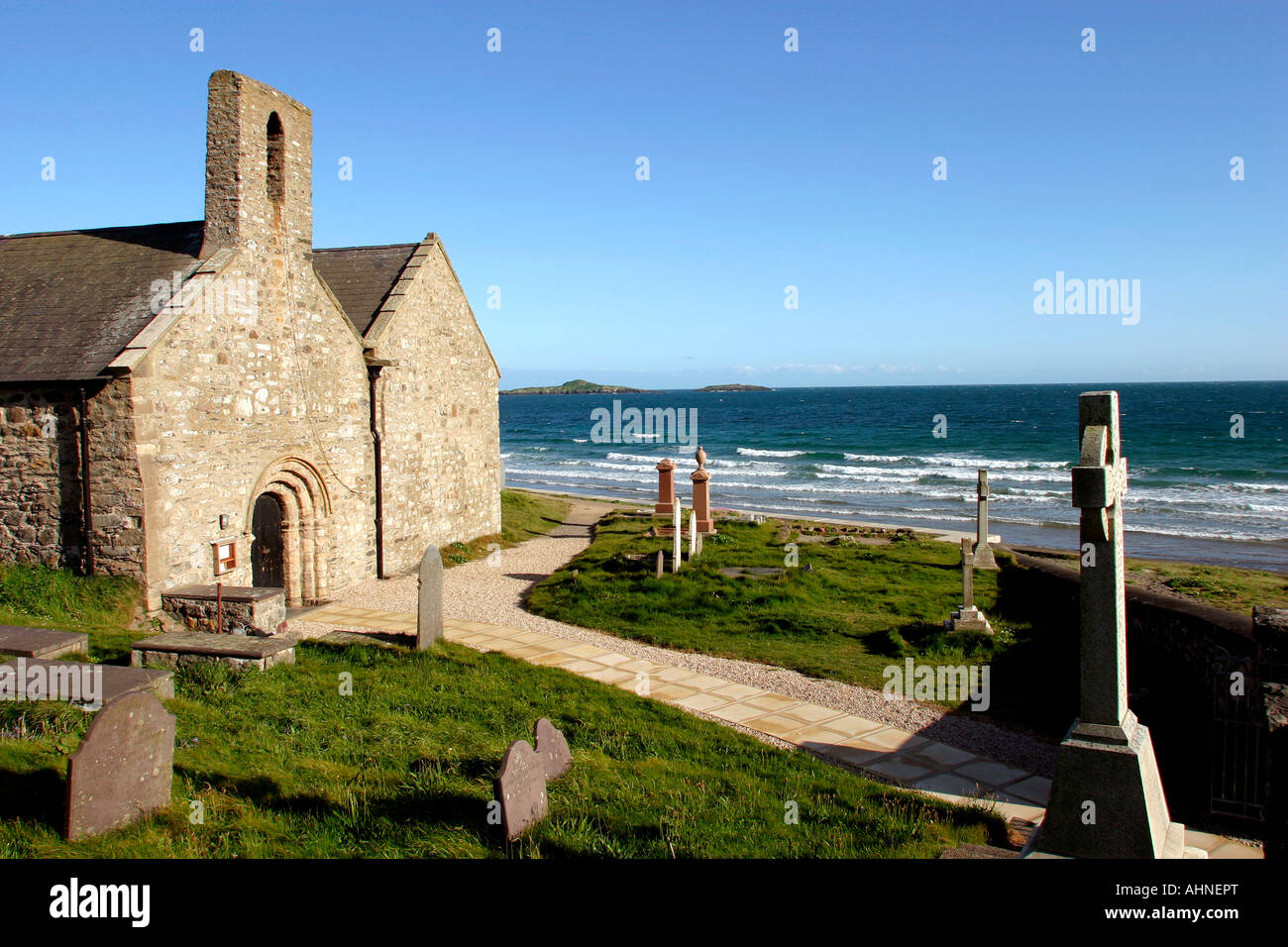 Wales Gwynedd Aberdaron St Hywyns church and Bardsey Sound Stock Photo ...