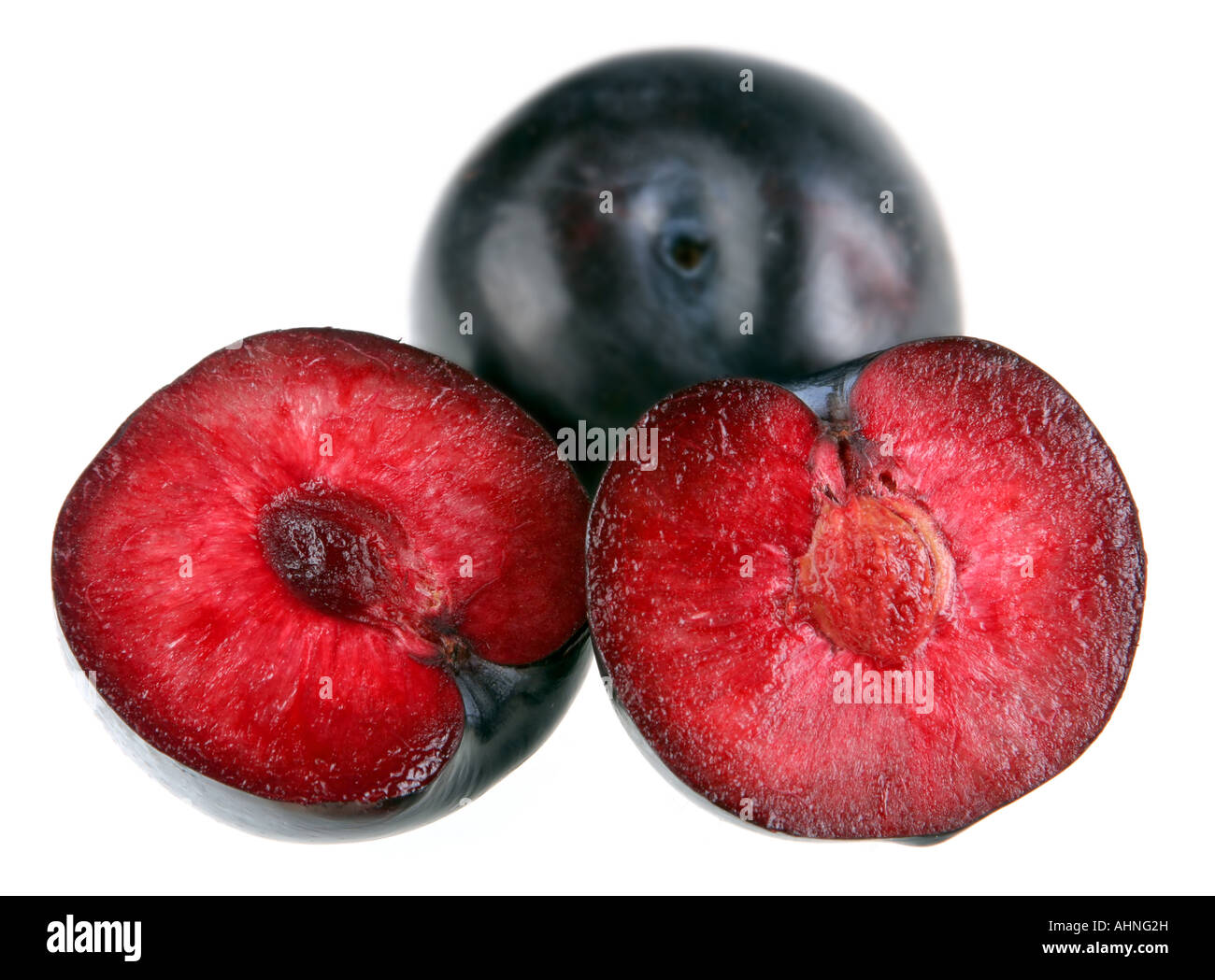 Detail red plum with plum on white background Stock Photo - Alamy