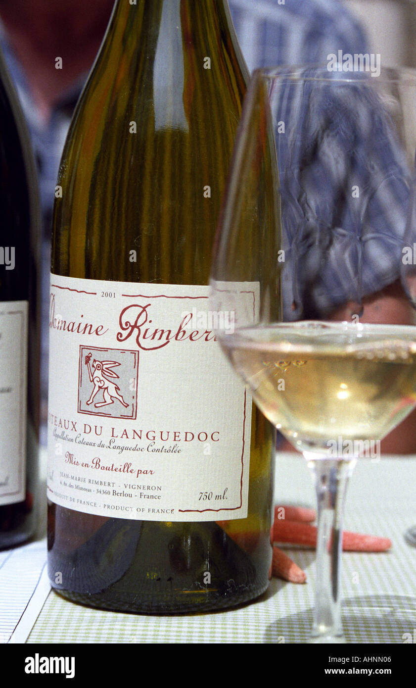 A bottle and glass of Domaine Rimbert, owned by the winemaker Jean ...