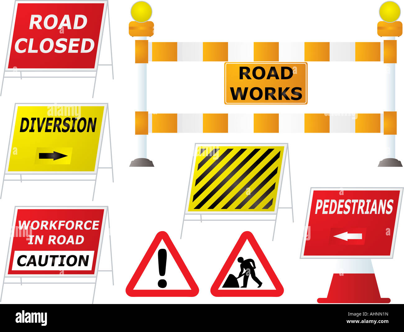 Illustrated road works signs in different variations as part of a set ...