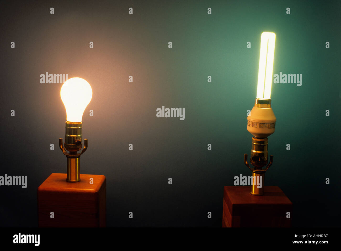 Fluorescent light bulb on the right and tungsten light bulb on the left ...